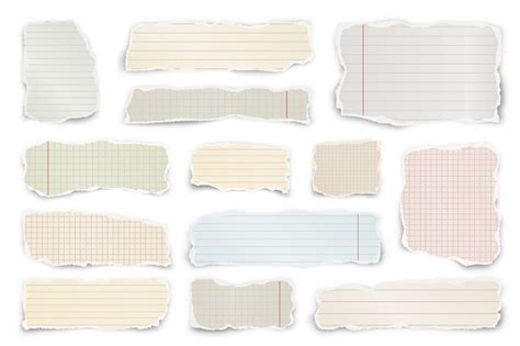 찢어진 색 종이 스트립 찢어진 가장자리가있는 현실적인 구겨진 종이 스크랩 노트북 페이지의 줄 지어 조각 벡터 일러스트레이션 0