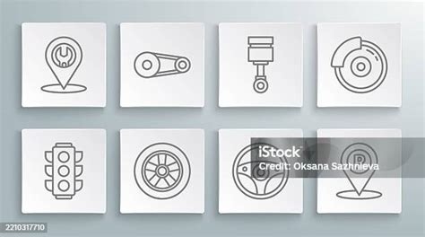 설정 라인 신호등 타이밍 벨트 키트 자동차 휠 스티어링 주차 위치 엔진 피스톤 브레이크 디스크 캘리퍼 및 서비스 아이콘 벡터 고무에 대한 스톡 벡터 아트 및 기타 이미지