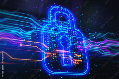 Personal Data And Cyberspace Security Concept With Bright Glowing Digital Lock Sign On Abstract