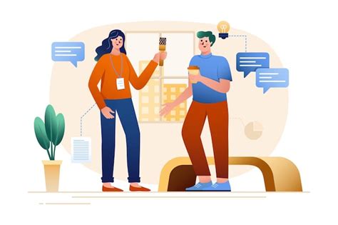 평면 만화 디자인의 사람들 장면과의 그라데이션 개념 인터뷰 기자가 묻습니다 프리미엄 벡터