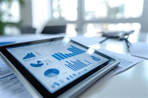 Tablet Displaying Blue Financial Graphs And Charts Premium Ai