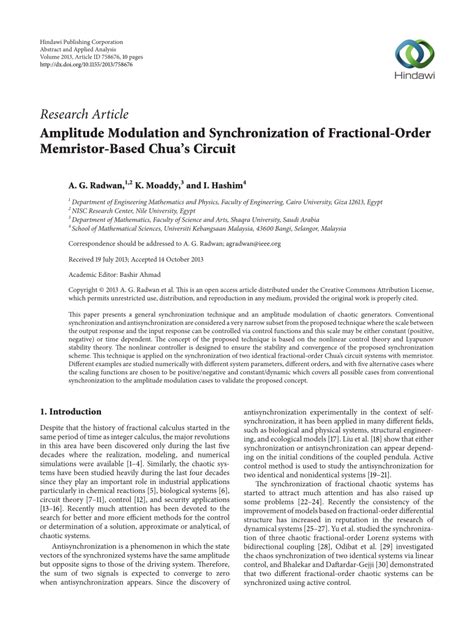 Pdf Amplitude Modulation And Synchronization Of Fractional Order Memristor Based Chuas Circuit