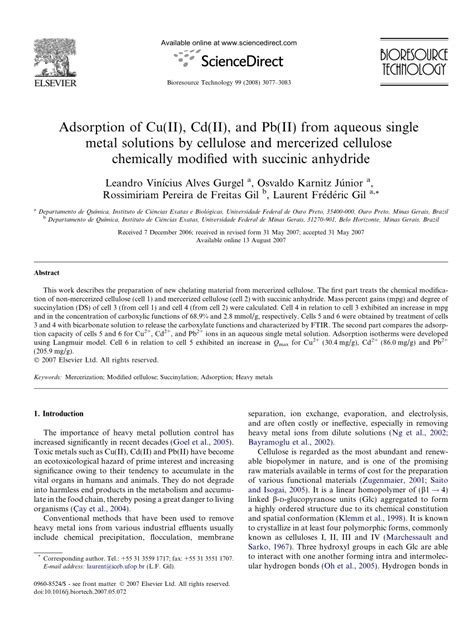 Pdf Adsorption Of Cuii Cdii And Pbii From Aqueous Single Metal Solutions By Cellulose