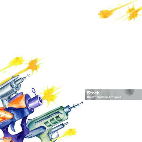 장난감 총 환상적인 무기 우주 권총 블래스터 광선이 흰색 수채화 배경에 분리되어 있는 수채화 손으로 그린 사각형 프레임 손으로 그린 스케치 소년을 위한 일러스트레이션 0명에