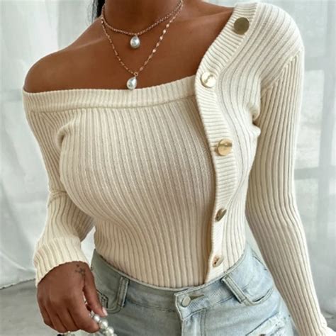Elegant Womens Knit Sweaters Long Sleeve Off Shoulder Top Casual