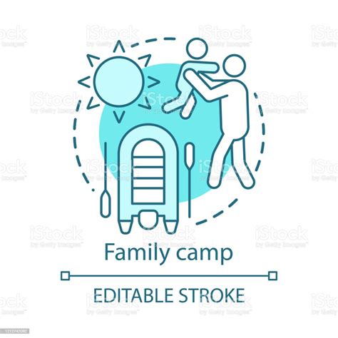 가족 부모 캠프 개념 아이콘입니다 여름 부모와 어린이 클럽 홀리데이 리조트 아이디어 얇은 라인 일러스트 어린이와 성인 활동 관심 벡터 절연 윤곽선 도면 편집 가능한 스트로크