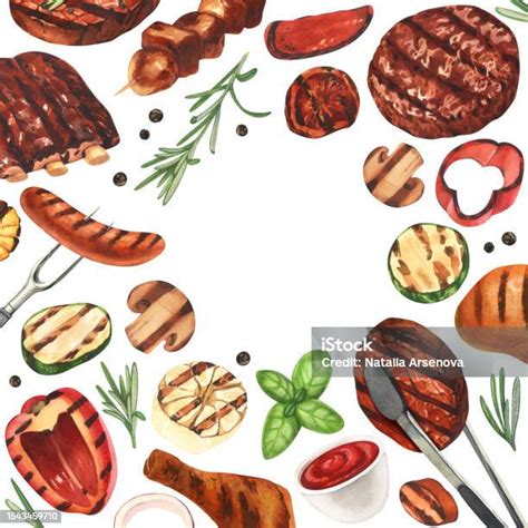 수채화 프레임 바베큐 바베큐 요리 요소 그릴 닭고기 및 고기 손으로 그린 그림은 흰색 배경에 분리되어 있습니다 완벽한 컨셉의 음식 메뉴 음식 그림 디자인 포장 스테이크에