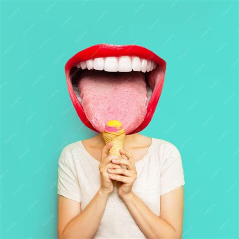 Premium Photo Young Smiling Woman Headed By Wide Open Mouth Shows