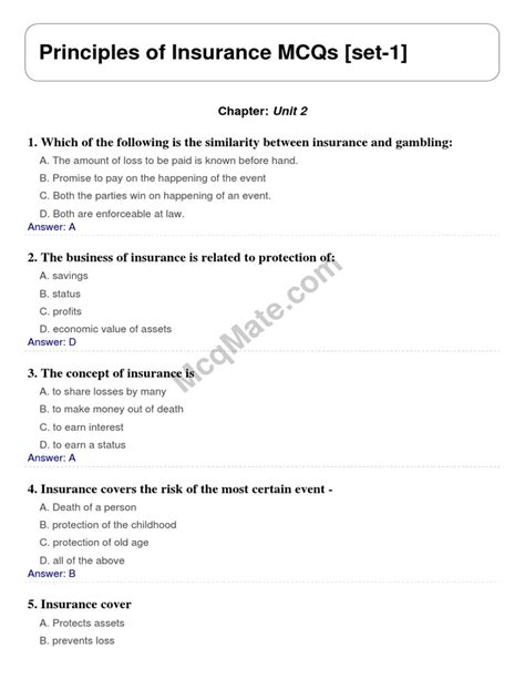 Principles Of Insurance Chapter Unit 2 Solved Mcqs Set 1 Pdf