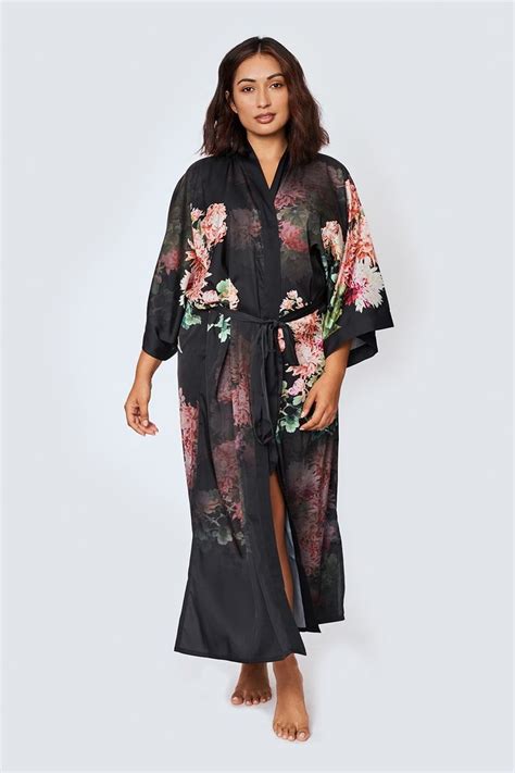 Coral Chrysanthemum Long Kimono Robe Plus Size Kimono Robe Long