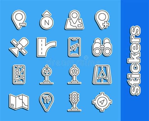 Set Line Compass City Map Navigation Binoculars Folded With Location Marker Road Traffic