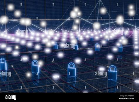 Abstract Digital Landscape With Glowing Nodes And Locks Representing Cybersecurity Themes 3d