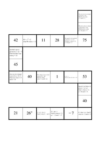 ks3 algebra activity substituting into formula teaching resources