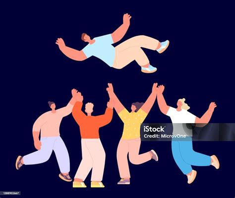 행복한 비즈니스 팀이 리더를 내세워섭다 성공 및 팀 구축 재미있는 친구 파티 여자와 함께 남자 승리를 축하하는 사람들 벡터 개념
