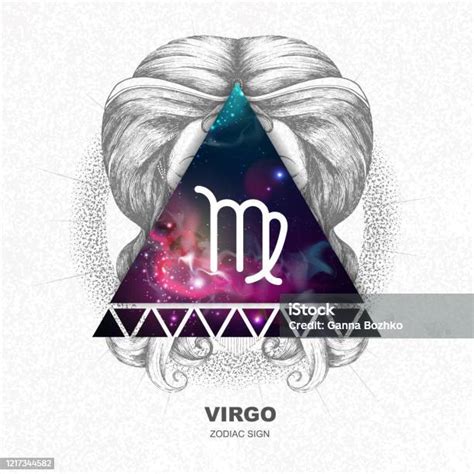 공간 배경에 점성술 처녀 자리 조디악 기호와 현대 마술 마술 카드 현실적인 손 그리기 여자 머리 점성술 기호에 대한 스톡 벡터