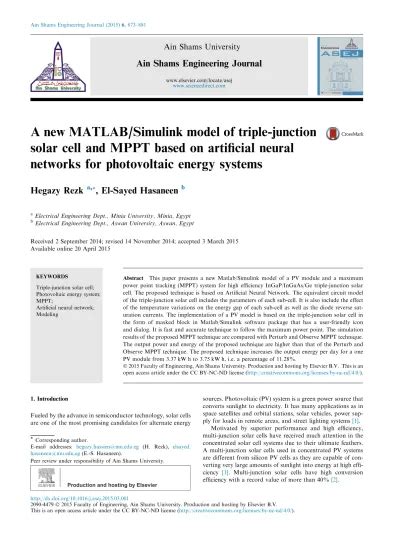 A New Matlab Simulink Model Of Triple Junction Solar Cell And Mppt Based On Artificial Neural