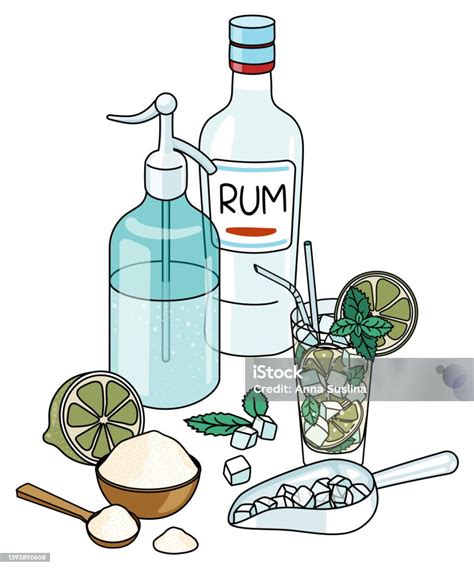 세련된 손으로 그린 낙서 만화 스타일 Mojito 칵테일 구성 흰 럼주 소다수 설탕 및 라임 한 병 바 메뉴 요리 책 조리법 스티커 또는 카드를위한 Goof 결정체에 대한