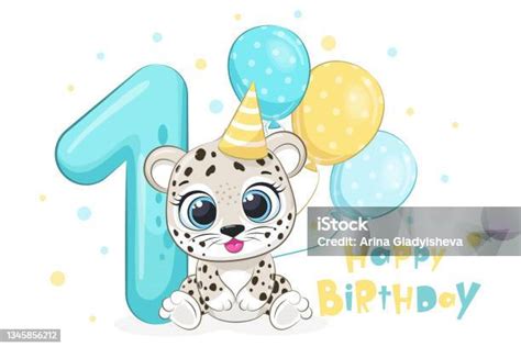 만화 일러스트 생일 축하합니다 1 년 귀여운 표범 벡터 그림입니다 고양이 새끼에 대한 스톡 벡터 아트 및 기타 이미지 고양이 새끼 공휴일 귀여운 Istock