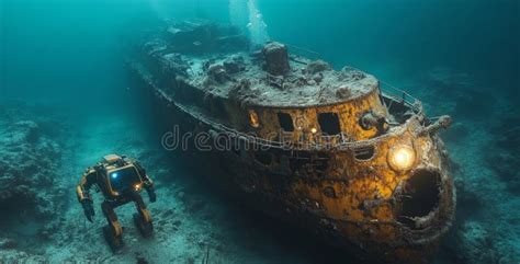 Exploring A Sunken Submarine With A Robotic Diver In Deep Ocean Waters Generative Ai Stock Image