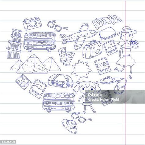 낙서 벡터 여행 휴가 모험을 설정합니다 아이 들과 함께 당신의 여행에 대 한 준비를 부모 유치원 학교 여름 휴가 아이 그리기 2 3 살에 대한 스톡 벡터 아트 및 기타