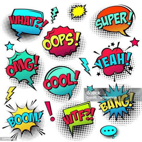 하프톤 그림자와 텍스트 문구만화 컬러 의 연설 거품 감정의 소리 표현 손으로 그린 복고풍 만화 스티커 팝 아트 스타일 벡터 일러스트레이션 개체 그룹에 대한 스톡 벡터 아트
