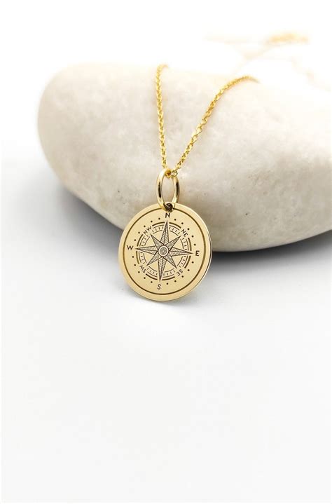 14k Solid Gold Compass Necklace Gold Coin Compass Pendant Personalized Compass Jewelry North