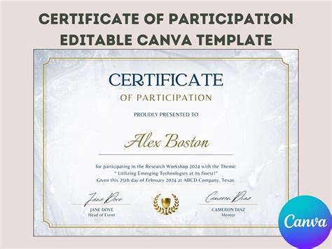Certificate Of Participation Canva Template Blue And Gold Minimalist And Aesthetic Design Etsy
