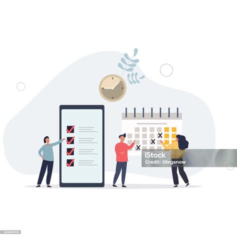 시간 관리 만화 작은 사람들은 달력 시간표에서 달의 비즈니스 작업을 예약합니다주최자 모바일 앱에서 중요한 약속을 구성합니다 달력에 대한 스톡 벡터 아트 및 기타 이미지