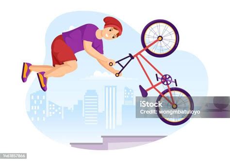 Bmx 자전거 스포츠 일러스트 레이 션 웹 배너 또는 평면 만화 손 그리기 배경 템플릿의 랜딩 페이지를 위해 자전거를 타는 젊은이들과 함께 Bmx 자전거타기에 대한 스톡
