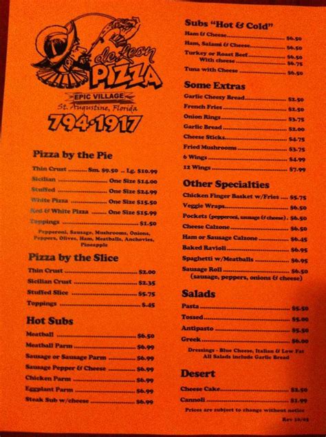 Menu At De Leon Pizza Pizzeria St Augustine 84 Theatre Dr 200