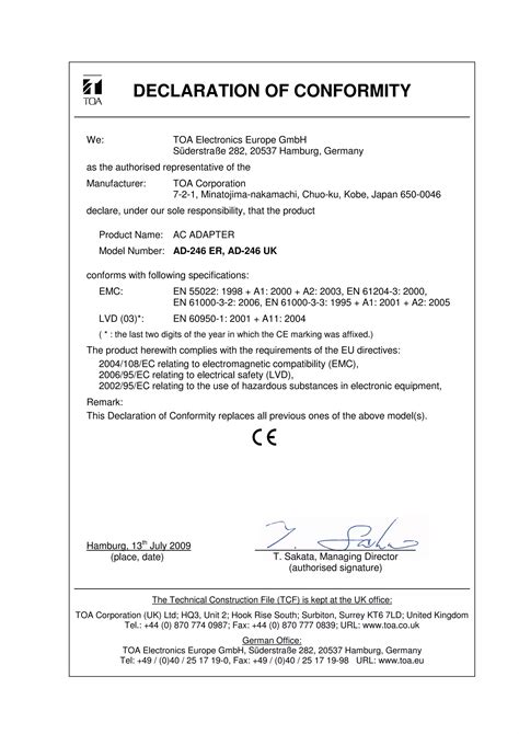 Toa Electronics Declaration Of Conformity Pdf