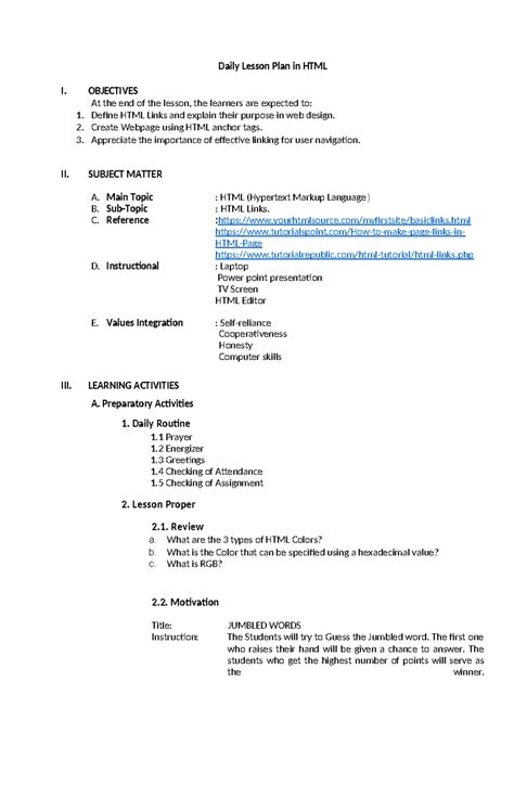 Daily Lesson Plan In Html Objectives At The End Of The Lesson The