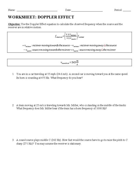 Worksheet Doppler Effect Name Date Period