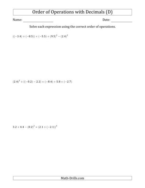 Order Of Operations With Negative And Positive Decimals Six Steps D