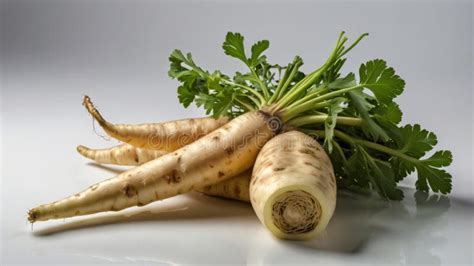 Fresh Parsnip Root With Attached Leaves Isolated On A Plain White Background Stock Illustration