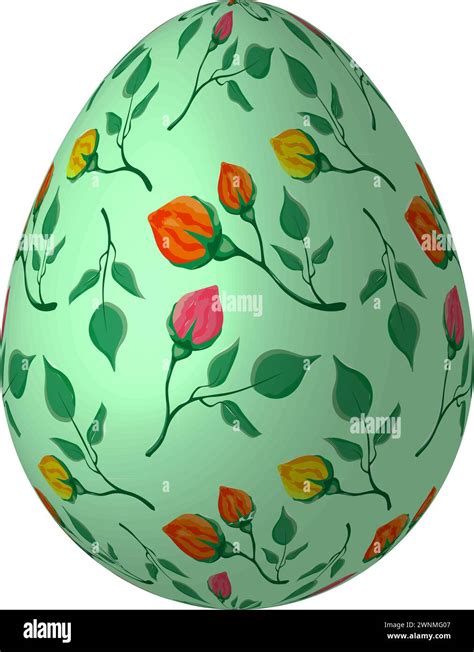 Realistic 3d Egg Decorated With Roses Motif Drawing On Mint Background For Easter Greeting Card