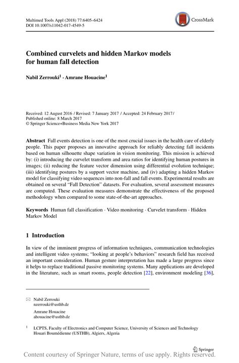 Combined Curvelets And Hidden Markov Models For Human Fall Detection Request Pdf