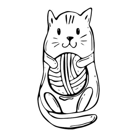 Premium Vector Sitting Cat With A Ball In Its Paws Knitting Symbol Vector Graphics