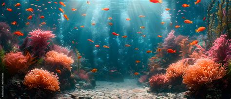 태양빛이 잘 드는 다양한 산호초와 열대어가 가득한 아름다운 열대 바다속 풍경 Stock Foto Adobe Stock