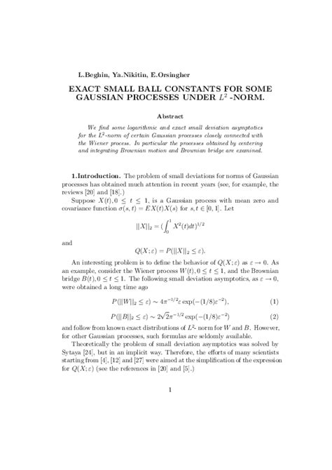 Pdf Exact Small Ball Constants For Some Gaussian Processes Under The L 2 Norm