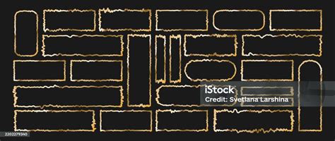 들쭉날쭉한 사각형 모양입니다 윤곽선 황금 그런 지 기하학적 프레임 세트 찢어지고 잘라낸 종이 찢어진 스트립 검은 배경에 고립 된 벡터 일러스트 레이 션 0명에 대한 스톡