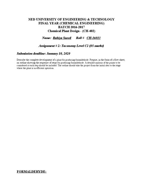 Cpd Assignment 2 Production Of Formaldehyde Pdf Methanol