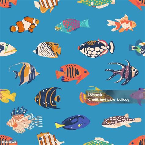 생동감 넘치고 장난기 넘치는 디자인 벡터 일러스트레이션을 만드는 다양한 다채로운 바다 물고기를 특징으로 하는 생생한 이음매 없는 패턴 0명에 대한 스톡 벡터 아트 및 기타