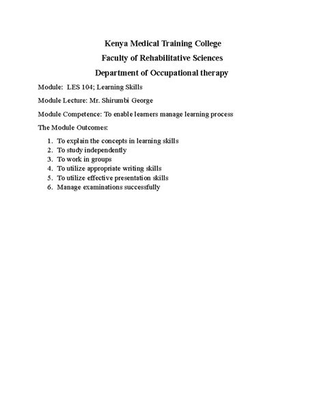 Learning Skills Lecture Notes Kenya Medical Training College Faculty Of Rehabilitative