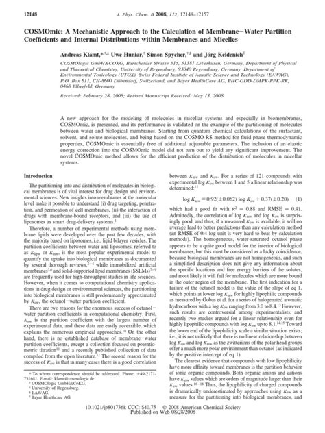 Calculation Of Membrane Water Partition Coefficient Pdf Lipid Bilayer Cell Membrane