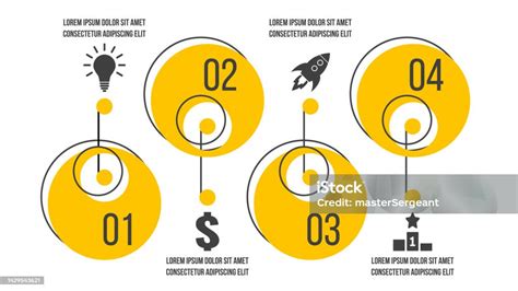 4 단계 비즈니스 프로세스 다이어그램 네 가지 옵션 벡터 인포 그래픽 템플릿 전략 또는 마케팅 계획 흐름도 프리젠 테이션 현대적인 검은 색과 노란색 레이아웃 4에 대한 스톡