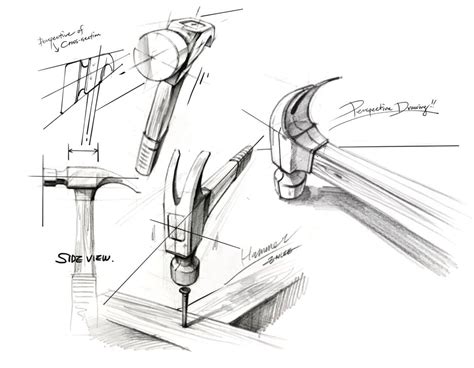 Industrial Design Sketch Of Tools On A Table Hammer Drawing Interior