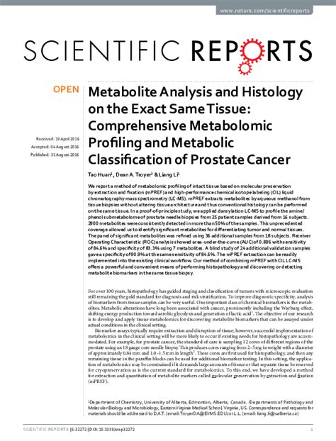 Pdf Metabolite Analysis And Histology On The Exact Same Tissue