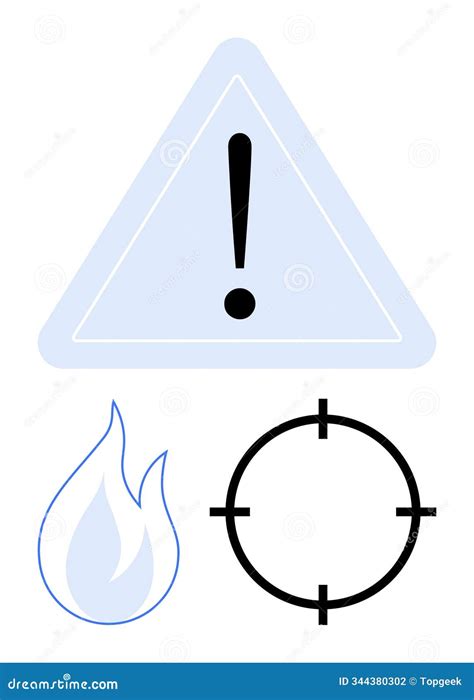exclamation warning triangle blue flame and black target signs