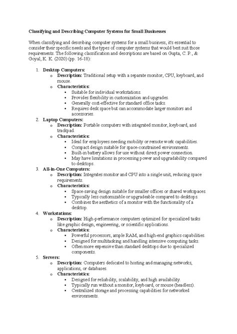 Classifying And Describing Computer Systems For Small Businesses The Following Classification